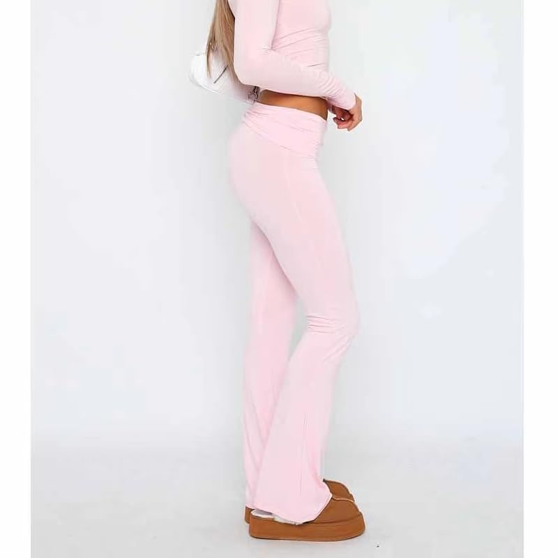 Sumleno Women Y2k Skinny Pants Flare Leggings Low Rise Fold Over Waist Bootcut Stretchy Yoga Sweatpants Lounge Streetwear (Light Pink,S)