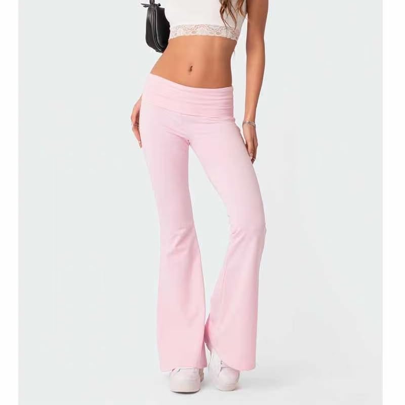 Sumleno Women Y2k Skinny Pants Flare Leggings Low Rise Fold Over Waist Bootcut Stretchy Yoga Sweatpants Lounge Streetwear (Light Pink,S)
