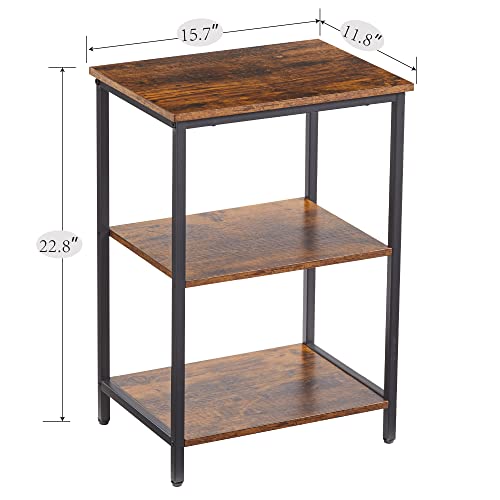 VECELO End Side Table with Storage Shelf, Industrial Night Stand, 3-Tier Small Nightstand for Living Room, Bedroom, 2 Pack, Brown/2pcs