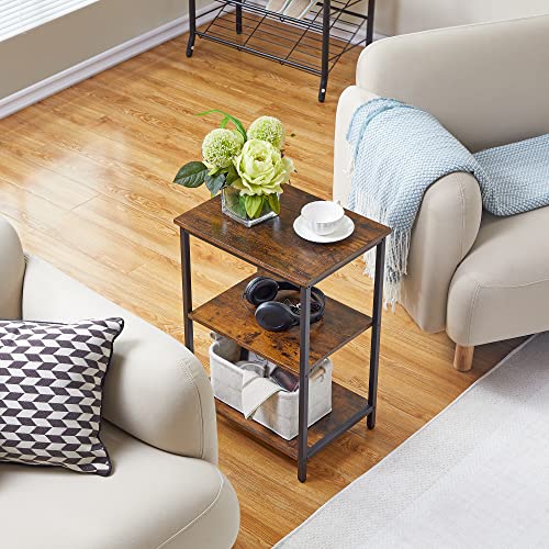 VECELO End Side Table with Storage Shelf, Industrial Night Stand, 3-Tier Small Nightstand for Living Room, Bedroom, 2 Pack, Brown/2pcs