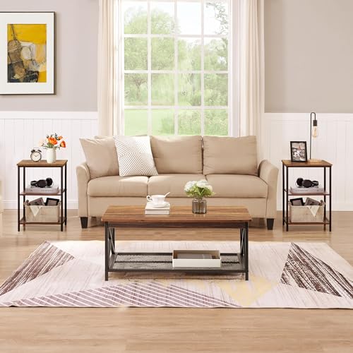 VECELO End Side Table with Storage Shelf, Industrial Night Stand, 3-Tier Small Nightstand for Living Room, Bedroom, 2 Pack, Brown/2pcs