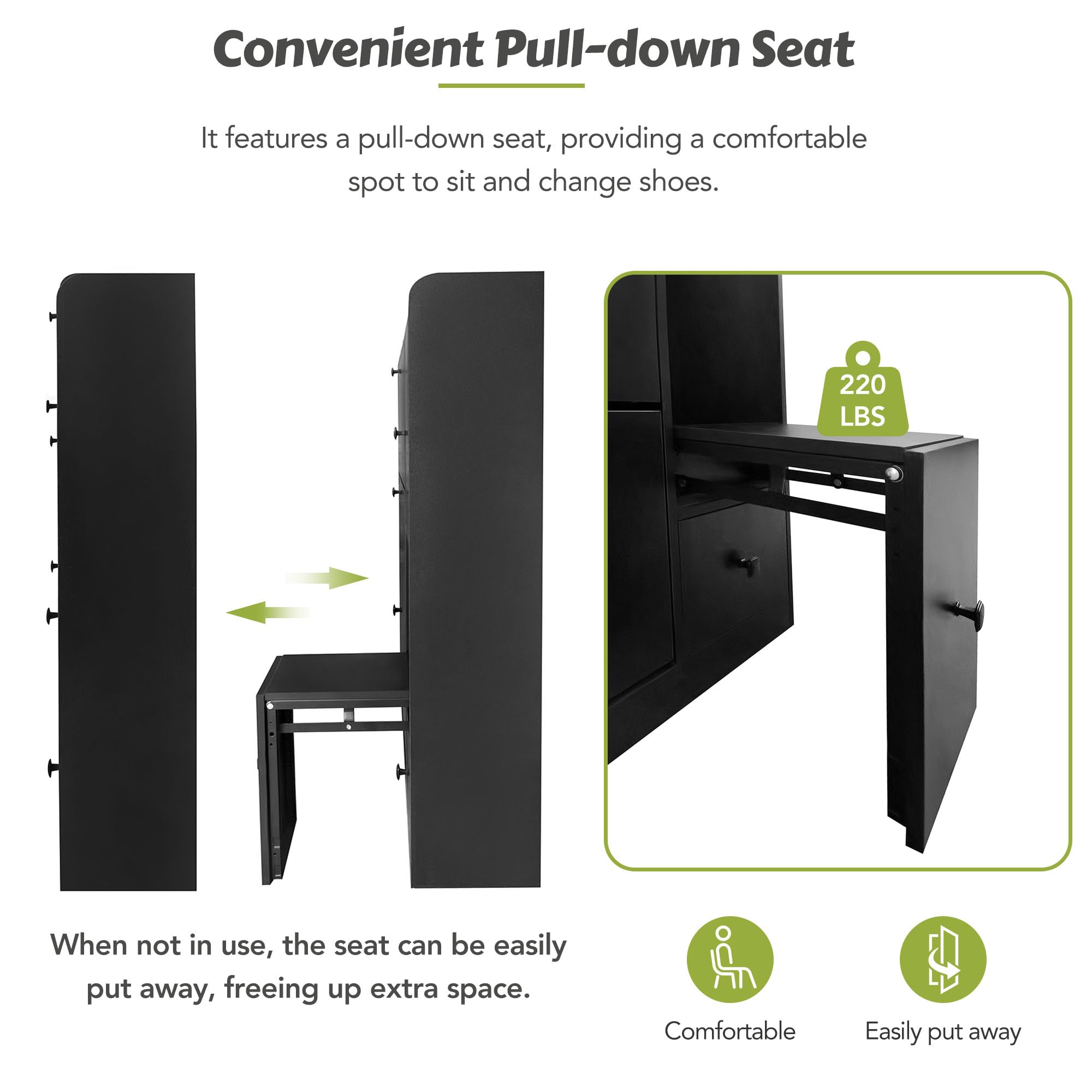 Gnrolaz Modern Shoe Cabinet with 3 Flip Drawers, Adjustable Shelf, Wood Free Standing Shoe Rack with Pull-Down Seat for Hallway, Entryway Organizer with Storage Cabinet, Black