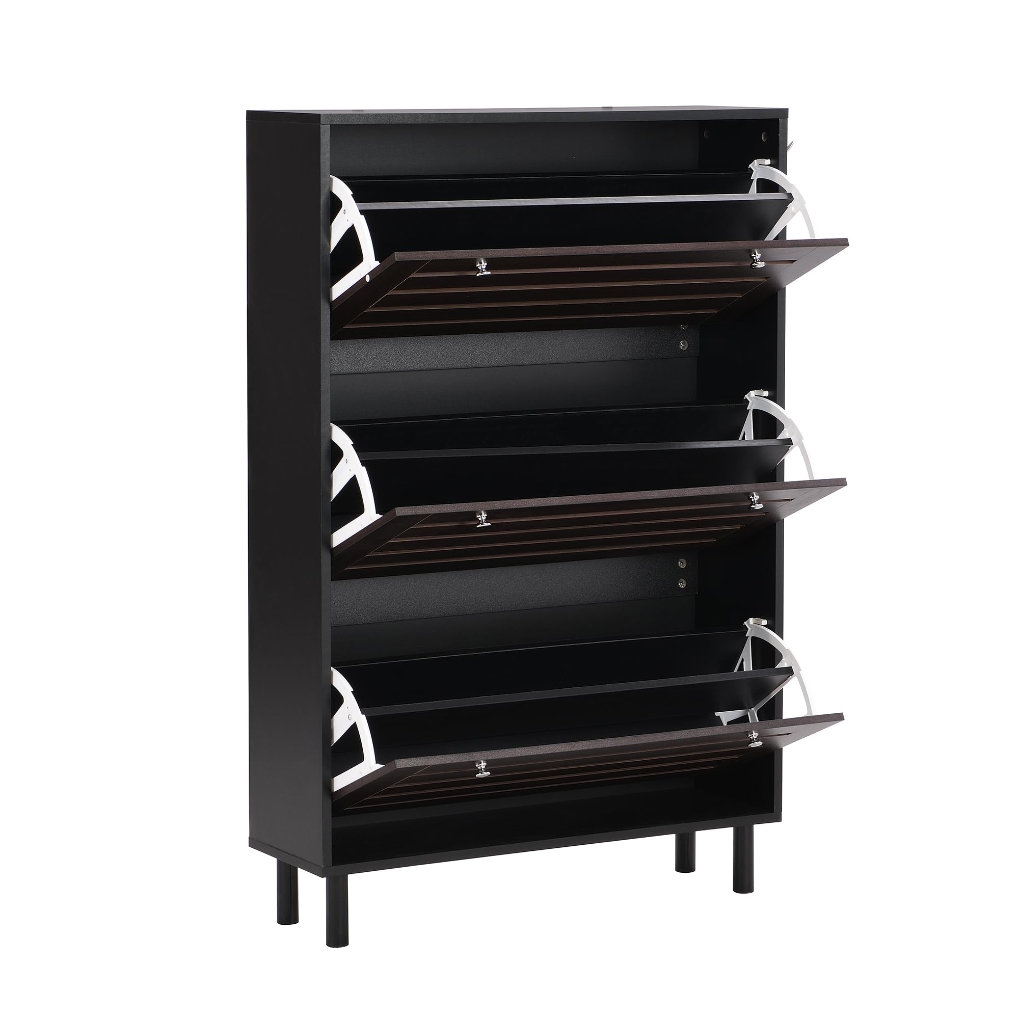 Narrow Shoe Cabinet with 3 Flip Drawers for 24 Pairs Shoes, Natural Wood Top Entryway Organizer with 3 Hooks, Free Standing Shoe Rack with Adjustable Panel for Hallway, 31.5''x9.4''x47.6'',Black&Brown