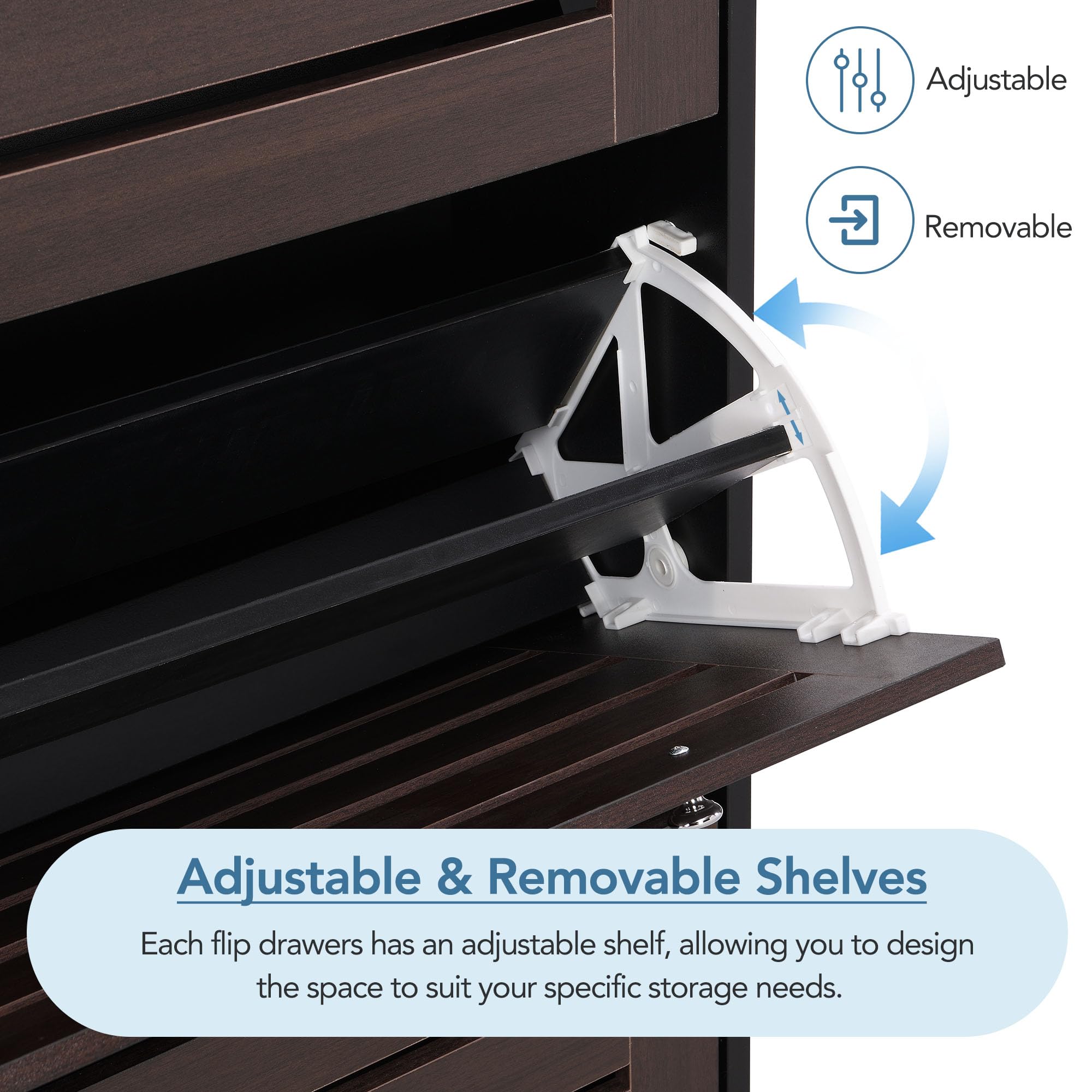 Narrow Shoe Cabinet with 3 Flip Drawers for 24 Pairs Shoes, Natural Wood Top Entryway Organizer with 3 Hooks, Free Standing Shoe Rack with Adjustable Panel for Hallway, 31.5''x9.4''x47.6'',Black&Brown