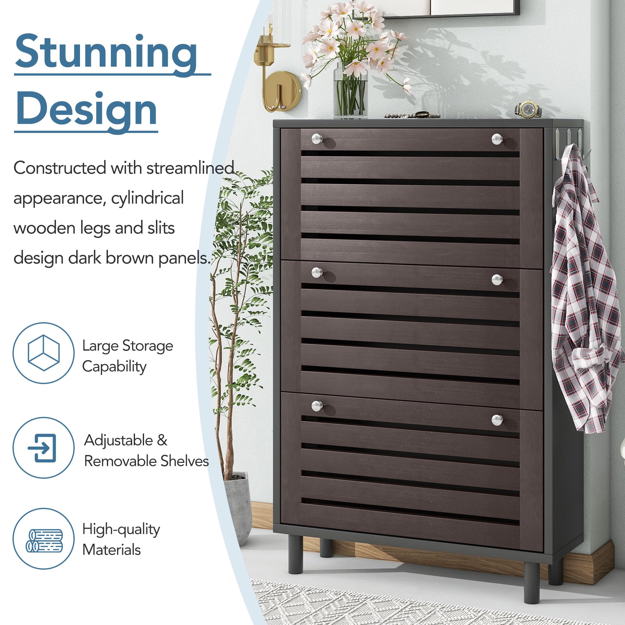 Narrow Shoe Cabinet with 3 Flip Drawers for 24 Pairs Shoes, Natural Wood Top Entryway Organizer with 3 Hooks, Free Standing Shoe Rack with Adjustable Panel for Hallway, 31.5''x9.4''x47.6'',Black&Brown