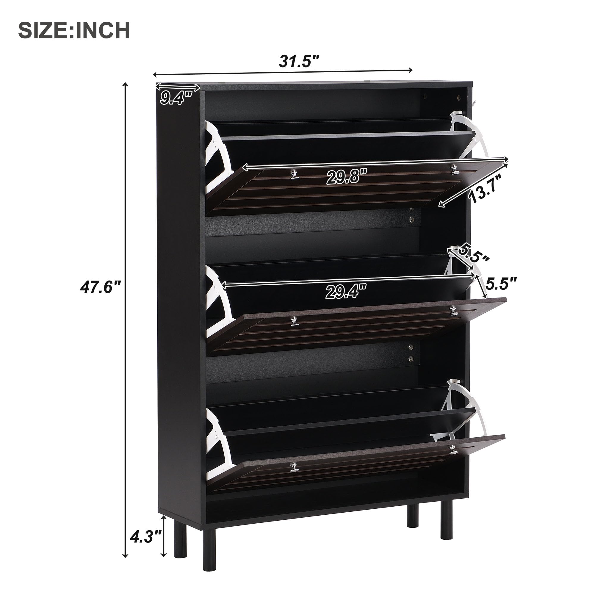 Narrow Shoe Cabinet with 3 Flip Drawers for 24 Pairs Shoes, Natural Wood Top Entryway Organizer with 3 Hooks, Free Standing Shoe Rack with Adjustable Panel for Hallway, 31.5''x9.4''x47.6'',Black&Brown