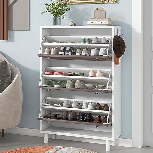 Narrow Shoe Cabinet with 3 Flip Drawers for 24 Pairs Shoes, Natural Wood Top Entryway Organizer with 3 Hooks, Free Standing Shoe Rack with Adjustable Panel for Hallway, 31.5''x9.4''x47.6'',White&Brown