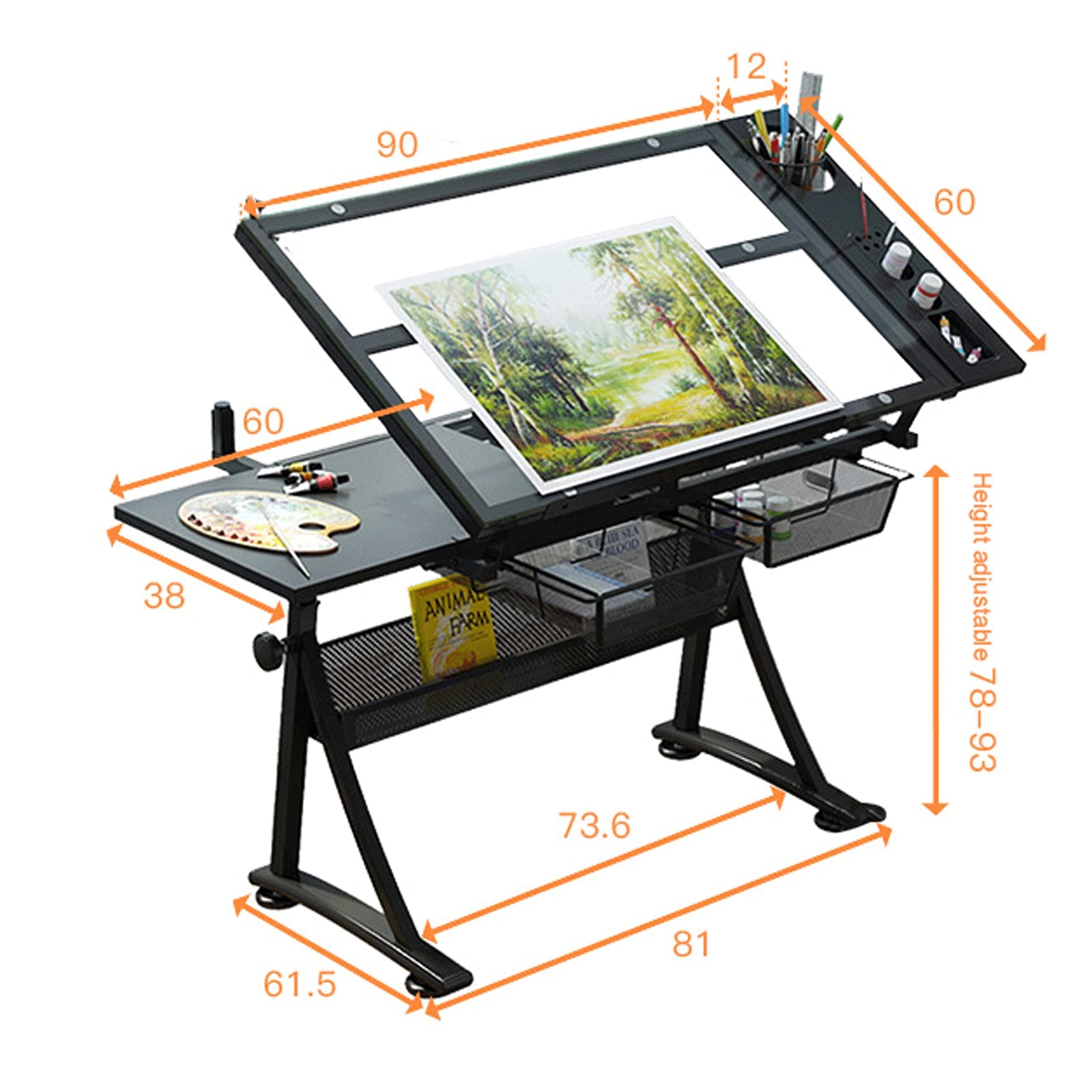 Adjustable Glass Drafting Table,Versatile Art Study Table,with Storage Drawers,Art Studio Design Sketching Painting Work Station