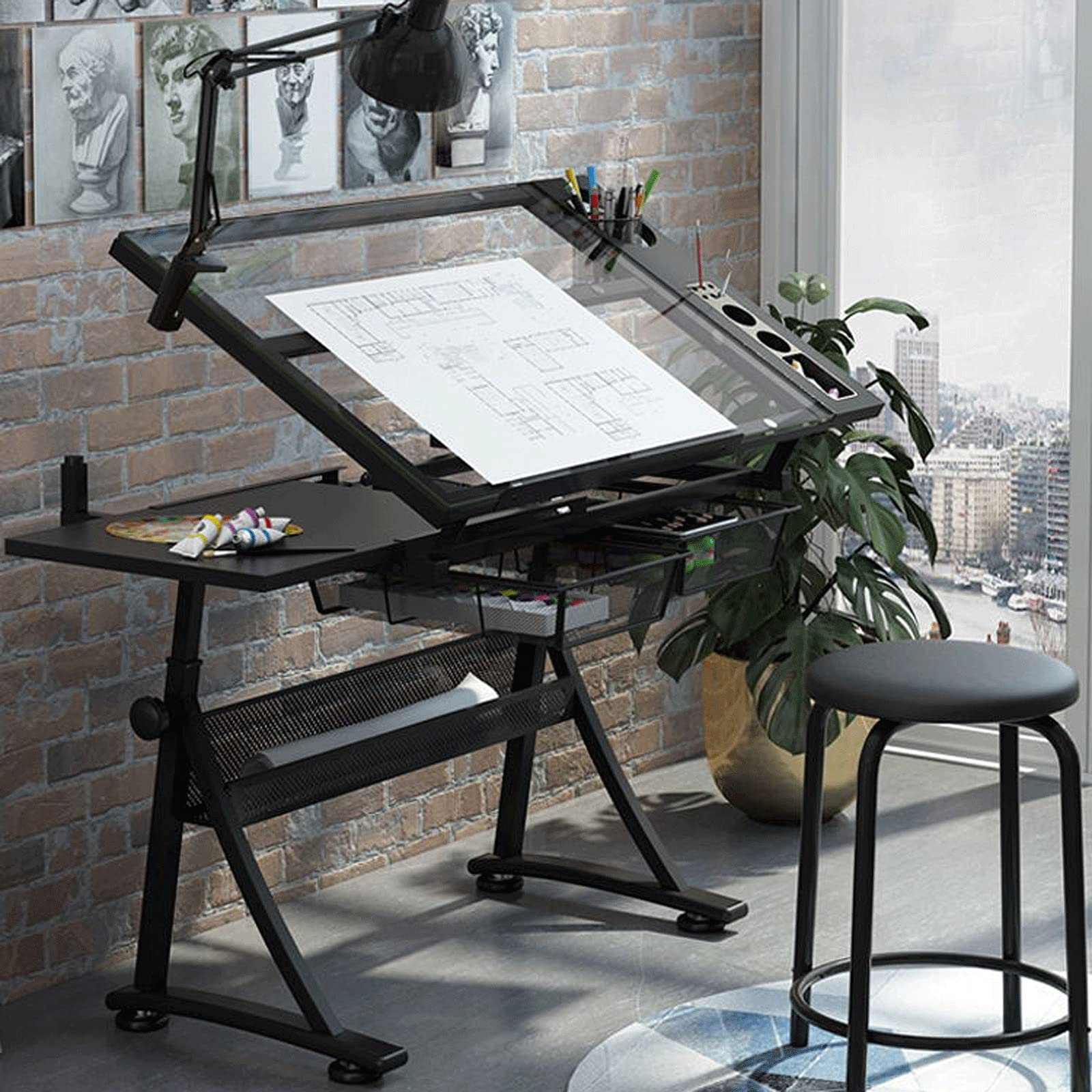 Adjustable Glass Drafting Table,Versatile Art Study Table,with Storage Drawers,Art Studio Design Sketching Painting Work Station