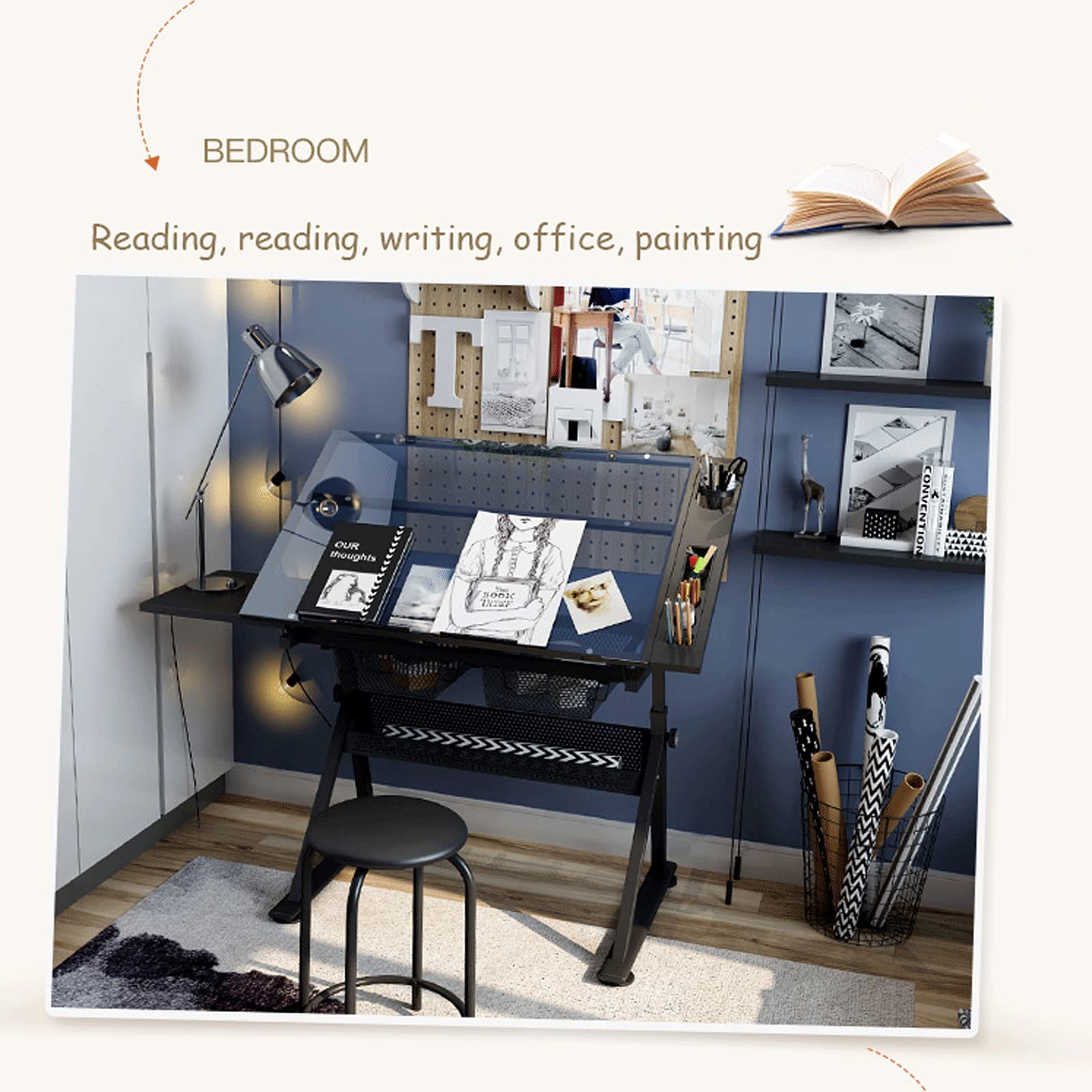 Adjustable Glass Drafting Table,Versatile Art Study Table,with Storage Drawers,Art Studio Design Sketching Painting Work Station