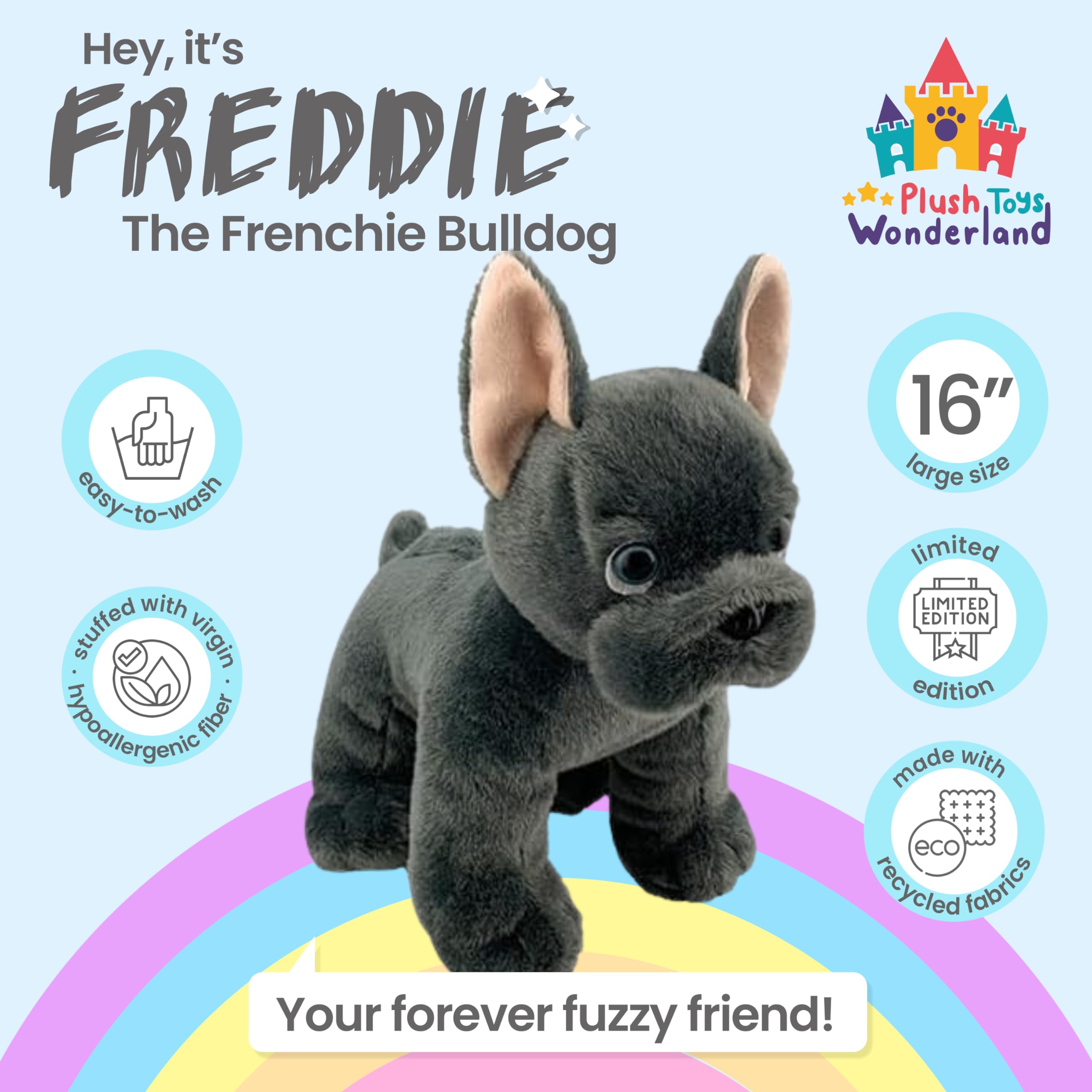 Freddie The Frenchie Plush Toy - 16-Inch Soft Stuffed Animal - Adorable Cuddle Buddy for Kids Aged 3 and Up - Ideal Gift for Dog Lovers and Imaginative Play