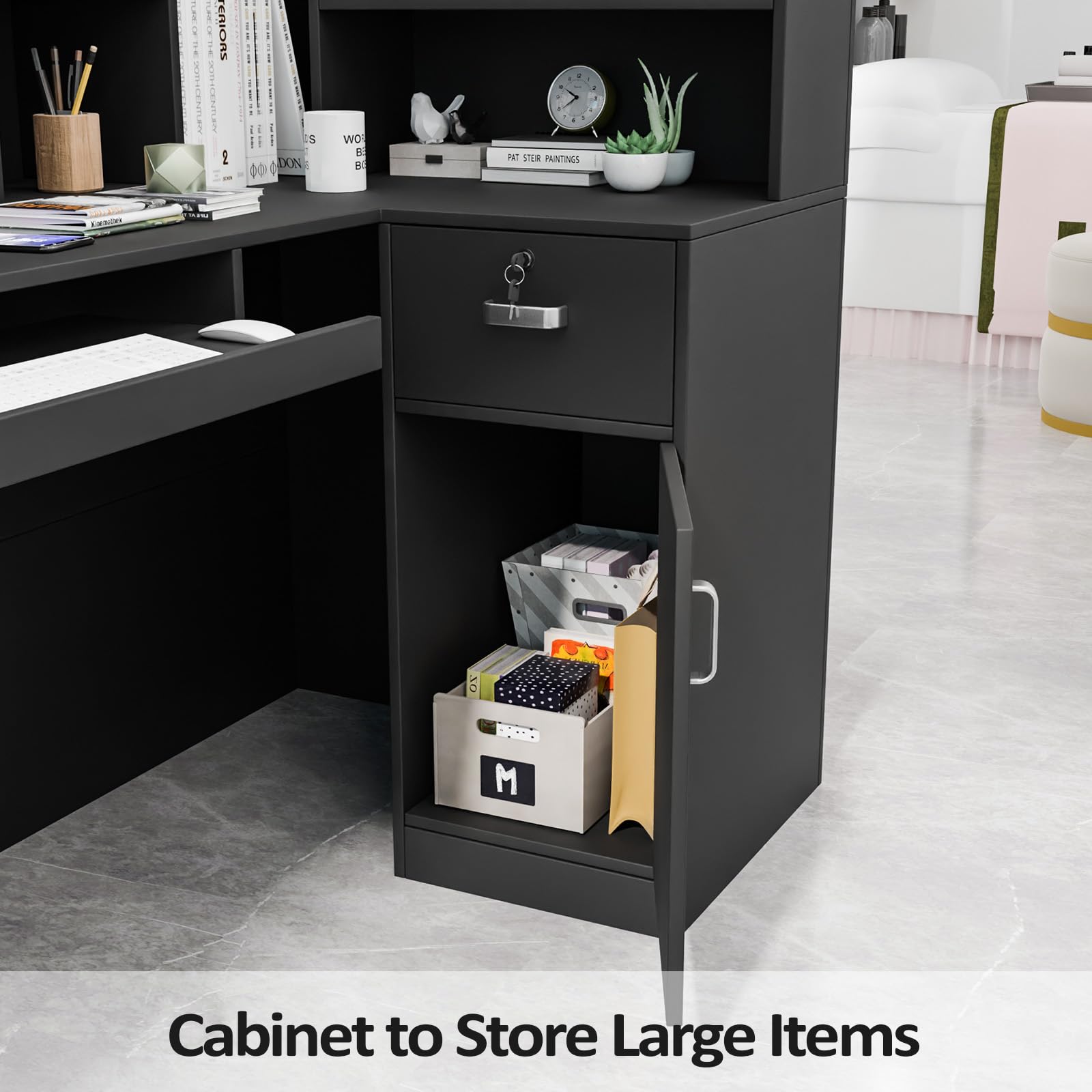 LEADZM L-Shaped Reception Desk with Counter, Front Desk with Lockable Drawers & Adjustable Shelf, Retail Checkout Counter for Beauty Salon Office, Black (55.9" W x 18.9" D x 48" H)