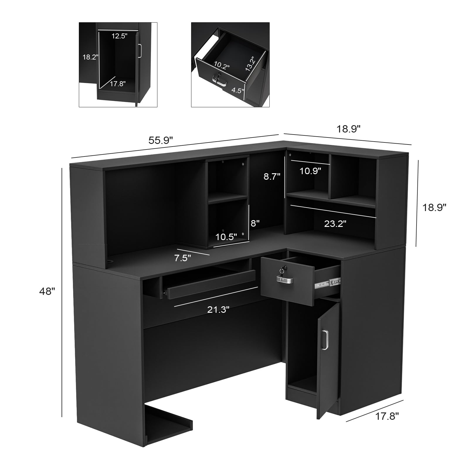 LEADZM L-Shaped Reception Desk with Counter, Front Desk with Lockable Drawers & Adjustable Shelf, Retail Checkout Counter for Beauty Salon Office, Black (55.9" W x 18.9" D x 48" H)