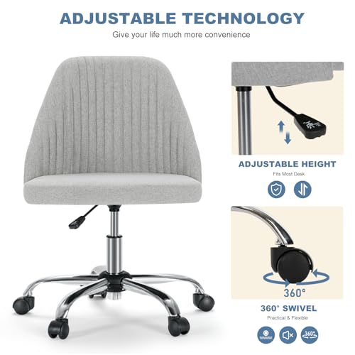 DUMOS Fashion Small Wheels Cute Vanity Swivel Back Mid Century Modern Armless Home Desk Task Chair for Bedrooms, Office, Dressing Room, Study, Grey