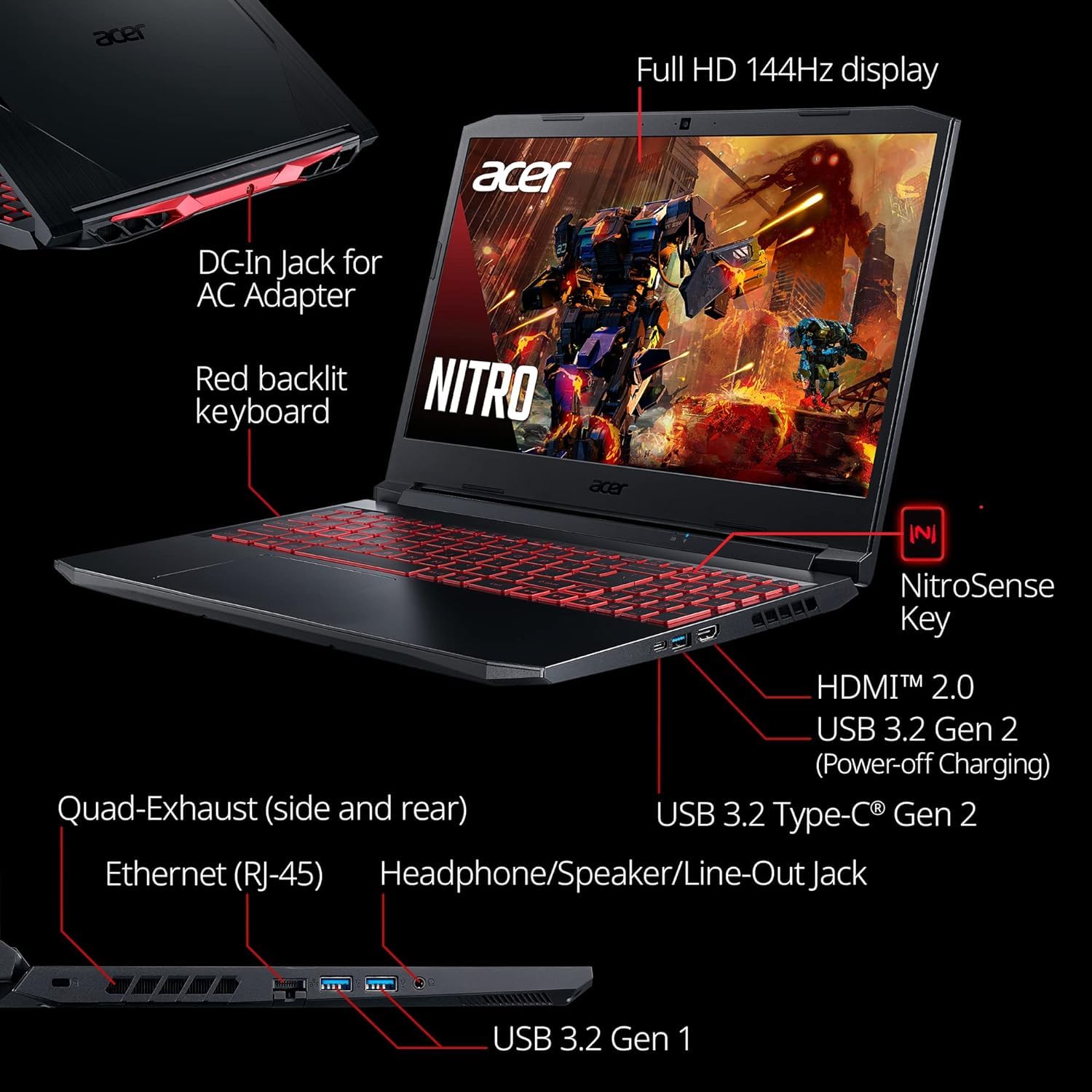 acer Nitro 5 Gaming Laptop, 15.6" FHD 144Hz Display, Intel Core i7-11800H 8 cores, NVIDIA GeForce RTX 3050 Ti 4GB GDDR6, 16GB DDR4 1TB PCIe SSD, Wi-Fi 6 Backlit Keyboard, Windows 11 + HDMI Cable