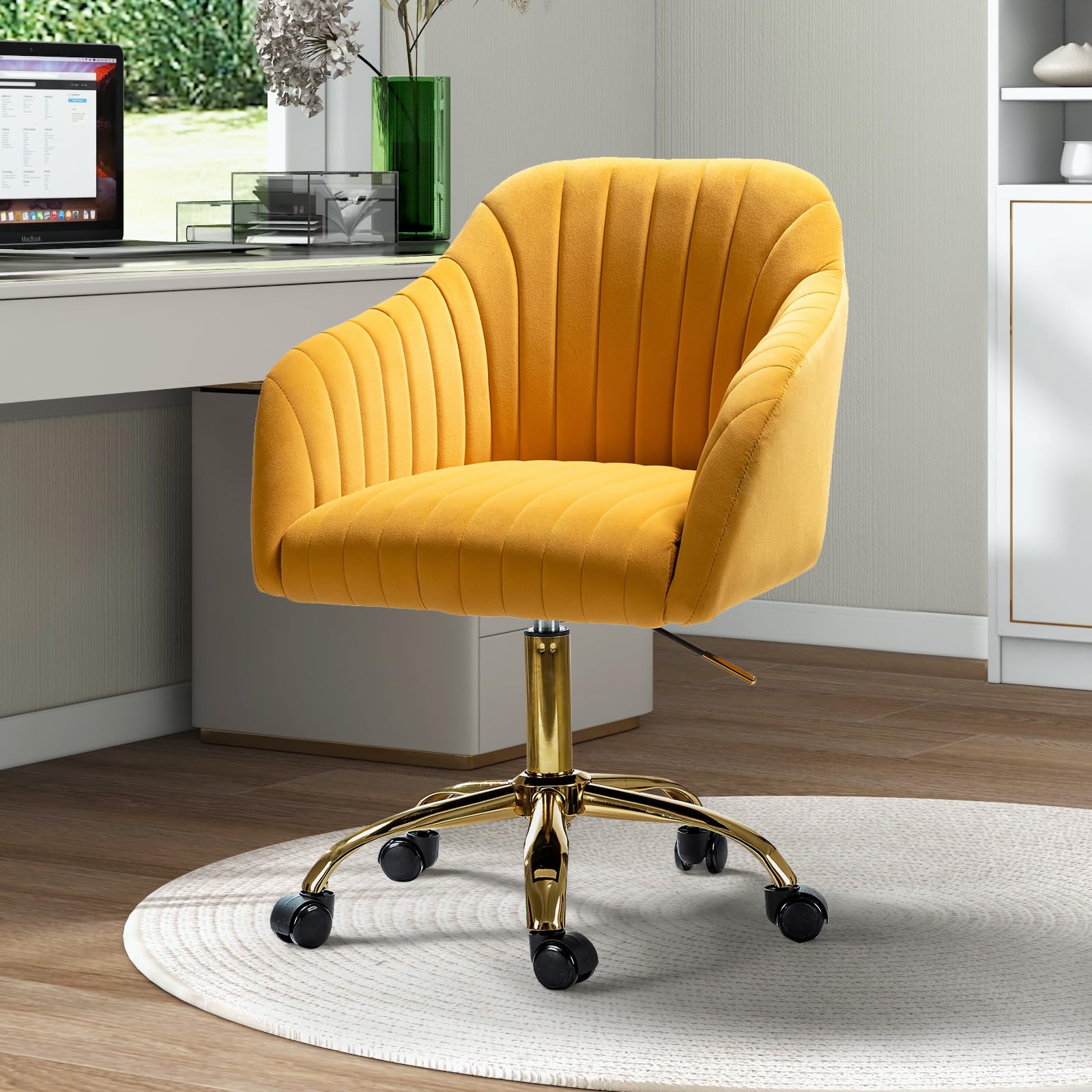 HULALA HOME Modern Velvet Home Office Desk Chair with Gold Base & Channel Back, Upholstered Swivel Computer Task Chair for Bedroom, Height Adjustable Cute Vanity Chair for Women Girls, Mustard