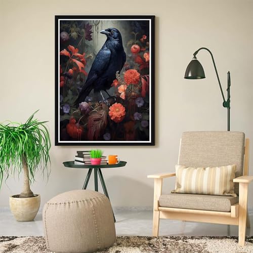 AIBOERL 5D Diamond Painting Kits for Adults Beginners, Crow Bird Diamonds Art, Animal Full Drill Diamond Painting, Flowers Diamond Dots Crafts for Home Wall Decor (11.8 * 15.8 inch)