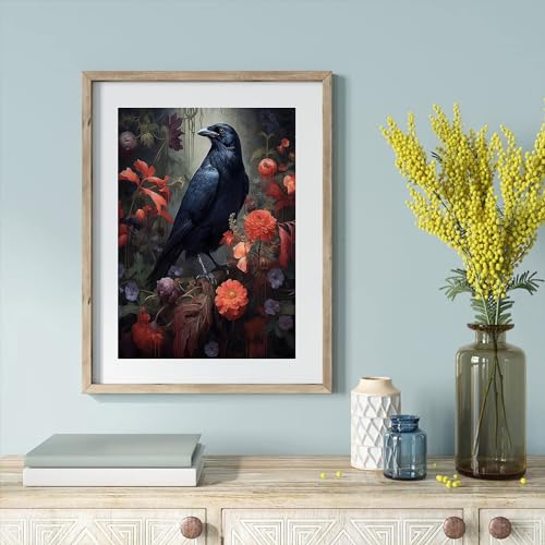 AIBOERL 5D Diamond Painting Kits for Adults Beginners, Crow Bird Diamonds Art, Animal Full Drill Diamond Painting, Flowers Diamond Dots Crafts for Home Wall Decor (11.8 * 15.8 inch)