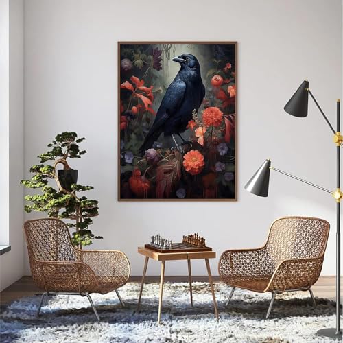 AIBOERL 5D Diamond Painting Kits for Adults Beginners, Crow Bird Diamonds Art, Animal Full Drill Diamond Painting, Flowers Diamond Dots Crafts for Home Wall Decor (11.8 * 15.8 inch)