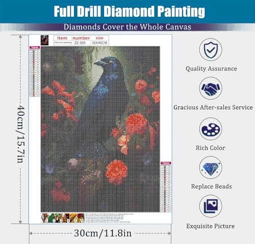 AIBOERL 5D Diamond Painting Kits for Adults Beginners, Crow Bird Diamonds Art, Animal Full Drill Diamond Painting, Flowers Diamond Dots Crafts for Home Wall Decor (11.8 * 15.8 inch)