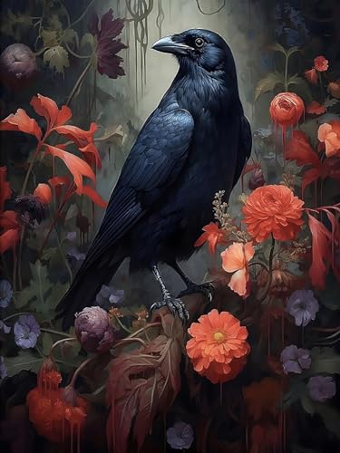 AIBOERL 5D Diamond Painting Kits for Adults Beginners, Crow Bird Diamonds Art, Animal Full Drill Diamond Painting, Flowers Diamond Dots Crafts for Home Wall Decor (11.8 * 15.8 inch)