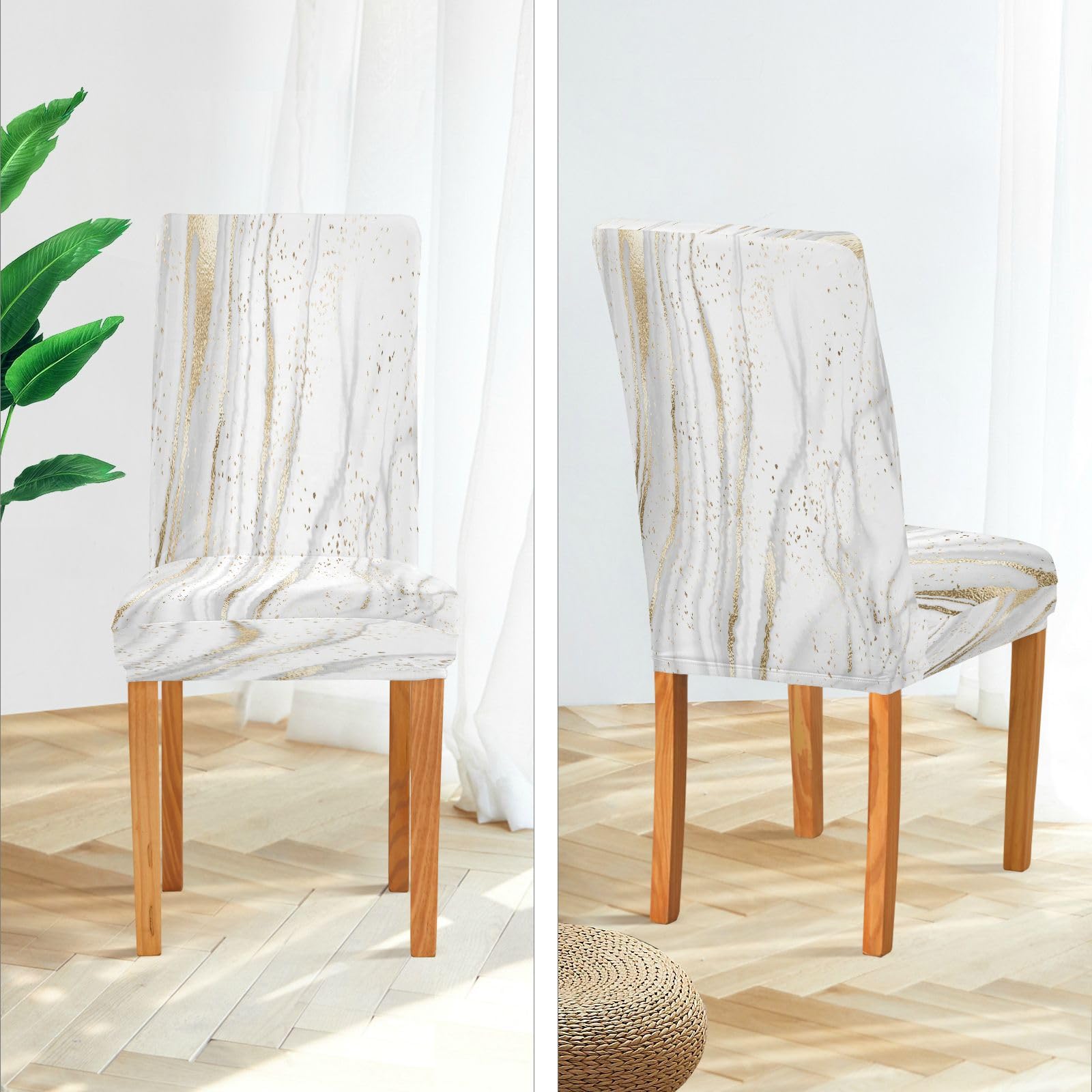 Kcldeci Dining Chair Covers, Gray Marble Canvas Gold Texture Kitchen Cover Parsons Slipcover Spandex Protectors for Room Kitchen Home Stretch Chairs Cover Set of 4