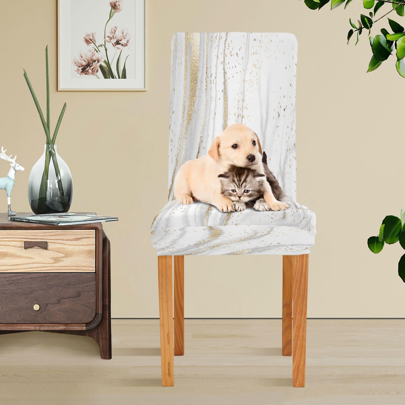 Kcldeci Dining Chair Covers, Gray Marble Canvas Gold Texture Kitchen Cover Parsons Slipcover Spandex Protectors for Room Kitchen Home Stretch Chairs Cover Set of 4