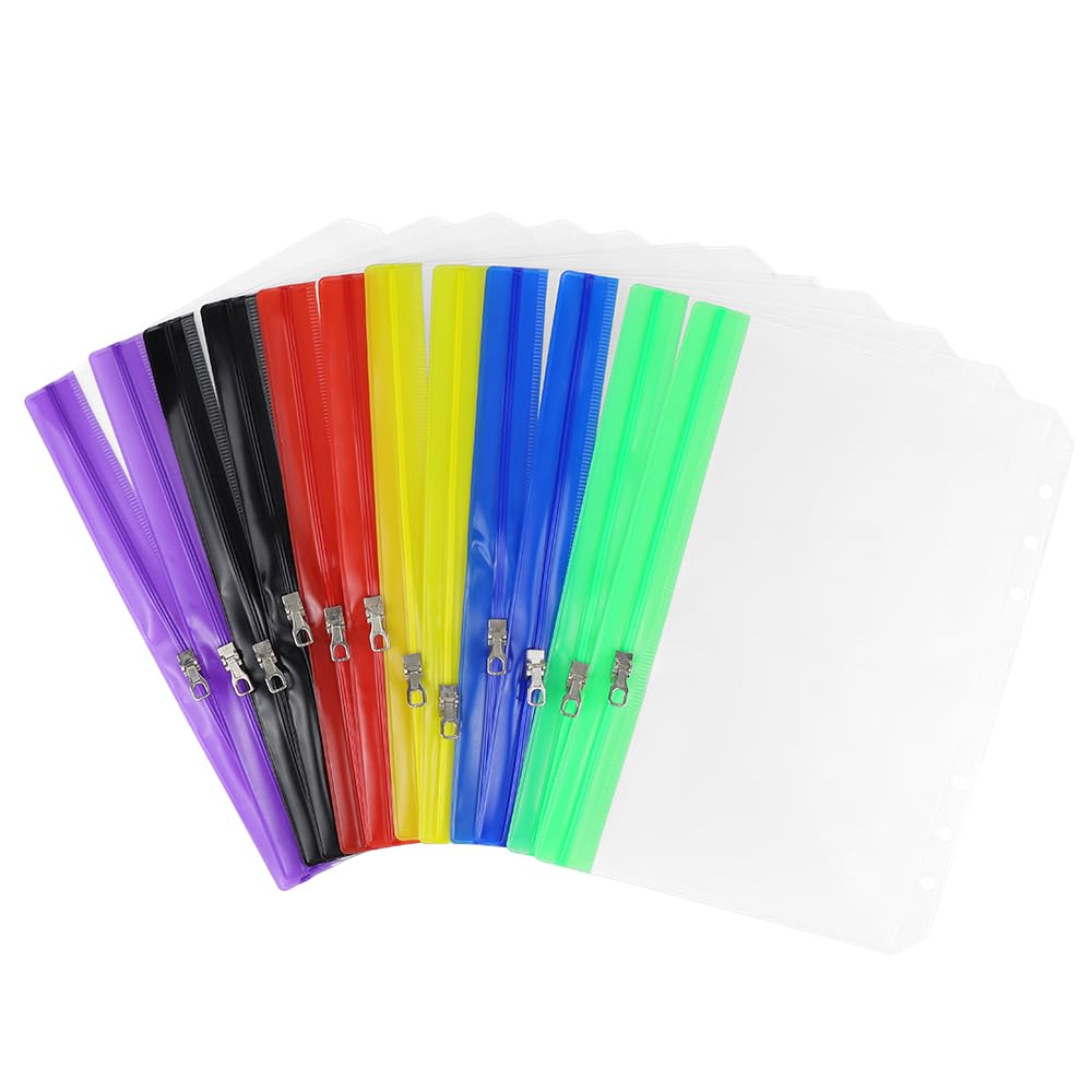 A5 Binder Pocket 12pcs Metal Zipper Binder Pouches Colorful Zipper Budget Envelopes 6-Hole Translucent PVC Zipper Document Filing Bags for A5 Notebook Binder Journal Budget Organizer (A5)