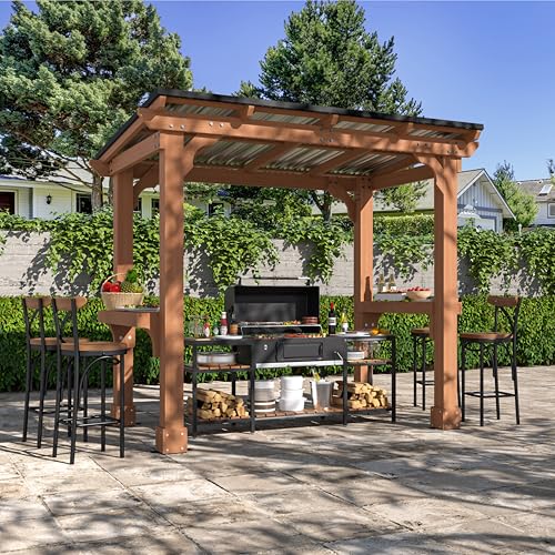 VEIKOU 8’x5’ Grill Gazebo, Patio Gazebo with Hardtop Metal Roof, Rainwater Drainage, Wood Frame, BBQ Gazebo for Barbecue, Backyard, Garden, Rustic
