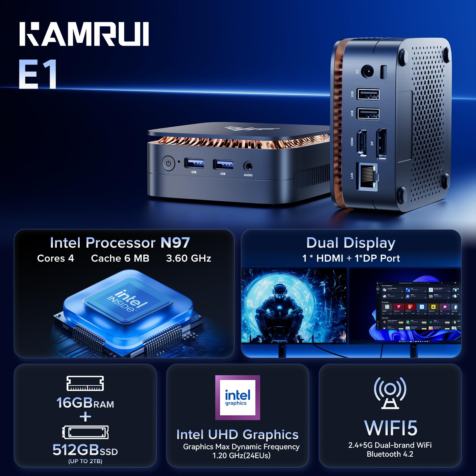KAMRUI AK1PLUS Mini PC Alder Lake N97(up to 3.60 GHz),16GB RAM 512GB ROM Small Desktop Computer, Mini Computers Support 2.5" SSD (up to 2TB),4K,WiFi 2.4G/5G,BT4.2 on Business Home Office Family-NAS