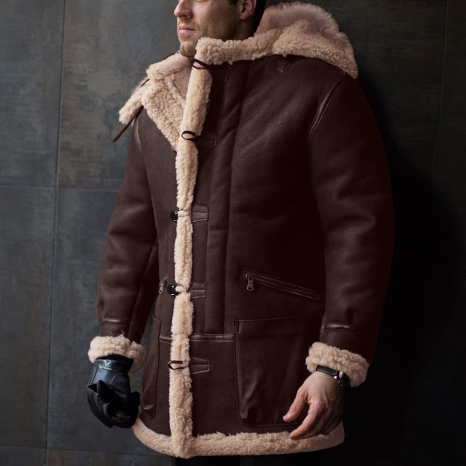 Winter Coats With Hooded Sherpa Coat Button Down Long Sleeve Jacket Men Heated Graphic Jacket Vintage Thick Windproof Work Sports Coat Outwear Coffee 4Xl