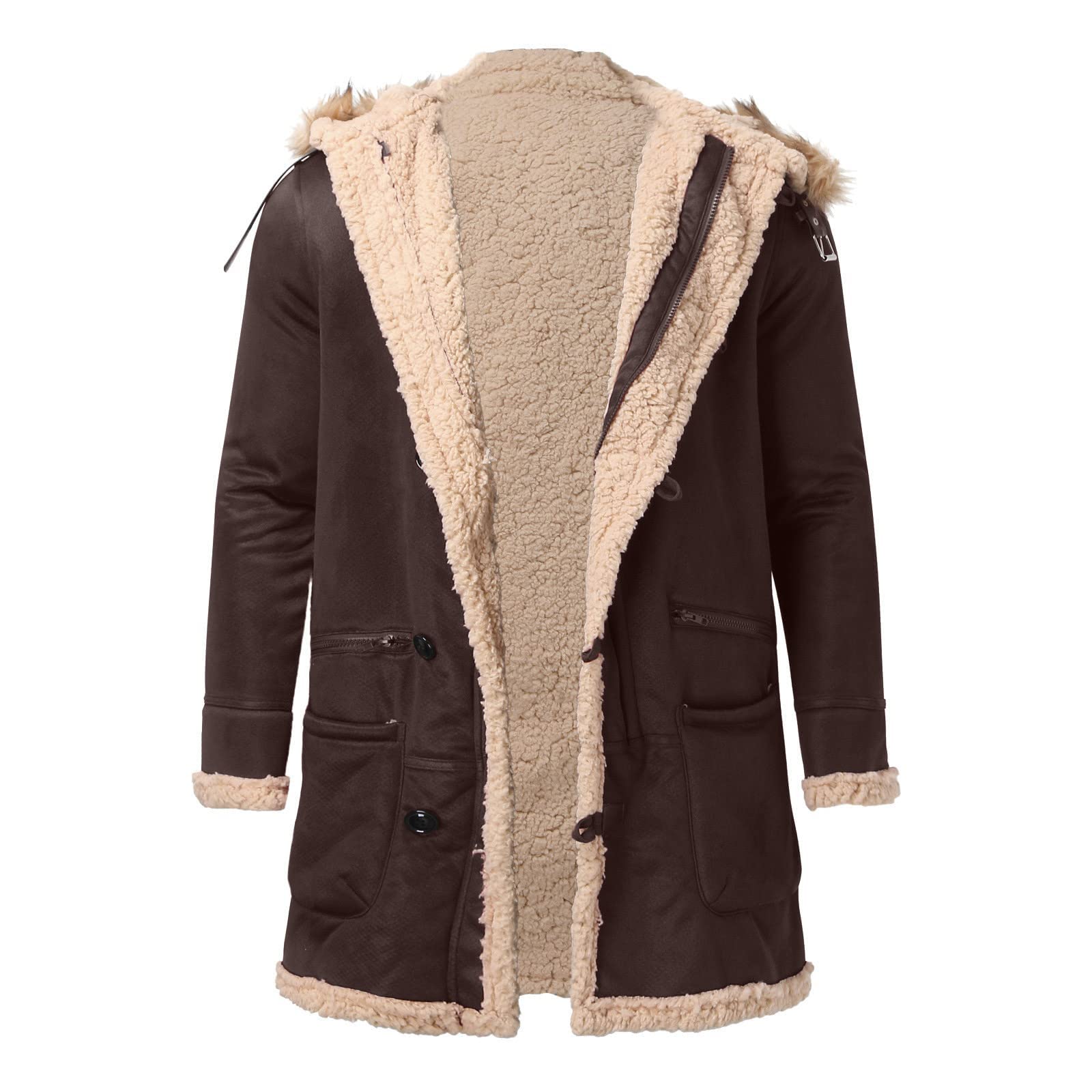 Winter Coats With Hooded Sherpa Coat Button Down Long Sleeve Jacket Men Heated Graphic Jacket Vintage Thick Windproof Work Sports Coat Outwear Coffee 4Xl