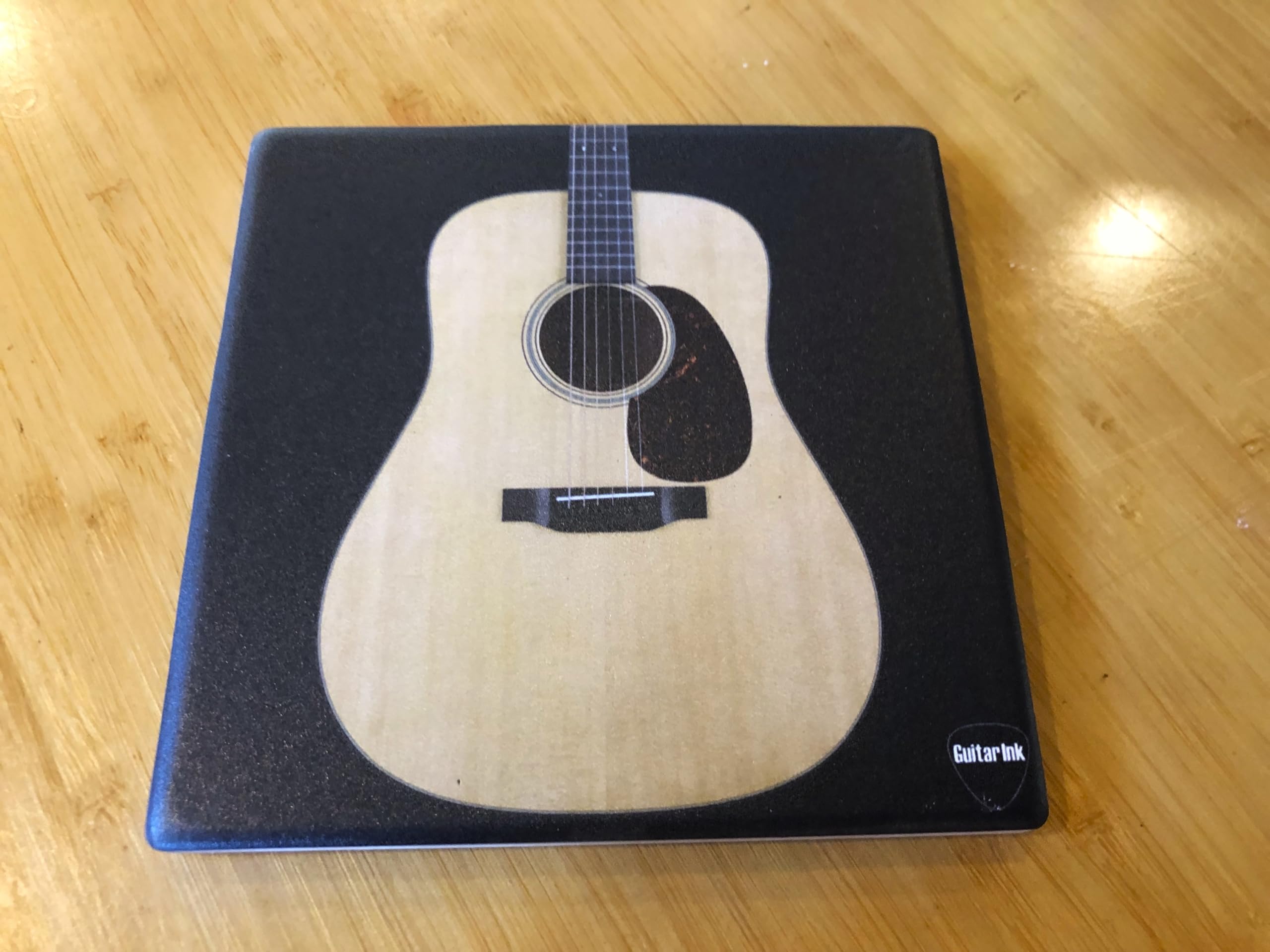 Guitar Ink β Dreadnought Acoustic Guitar Ceramic Drink Coaster Set 4 Pack - Square 4 1/4" Ceramic with Cork Bottom Gift