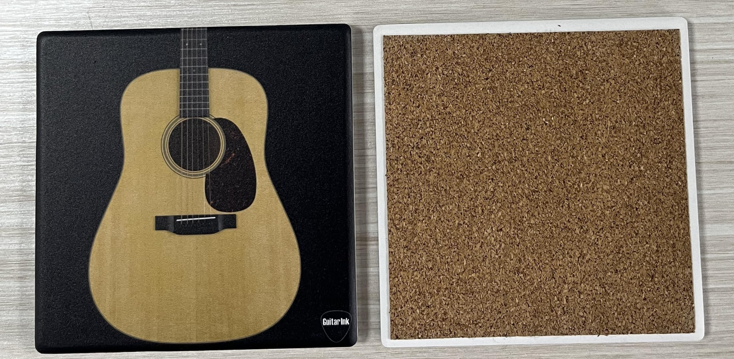 Guitar Ink β Dreadnought Acoustic Guitar Ceramic Drink Coaster Set 4 Pack - Square 4 1/4" Ceramic with Cork Bottom Gift