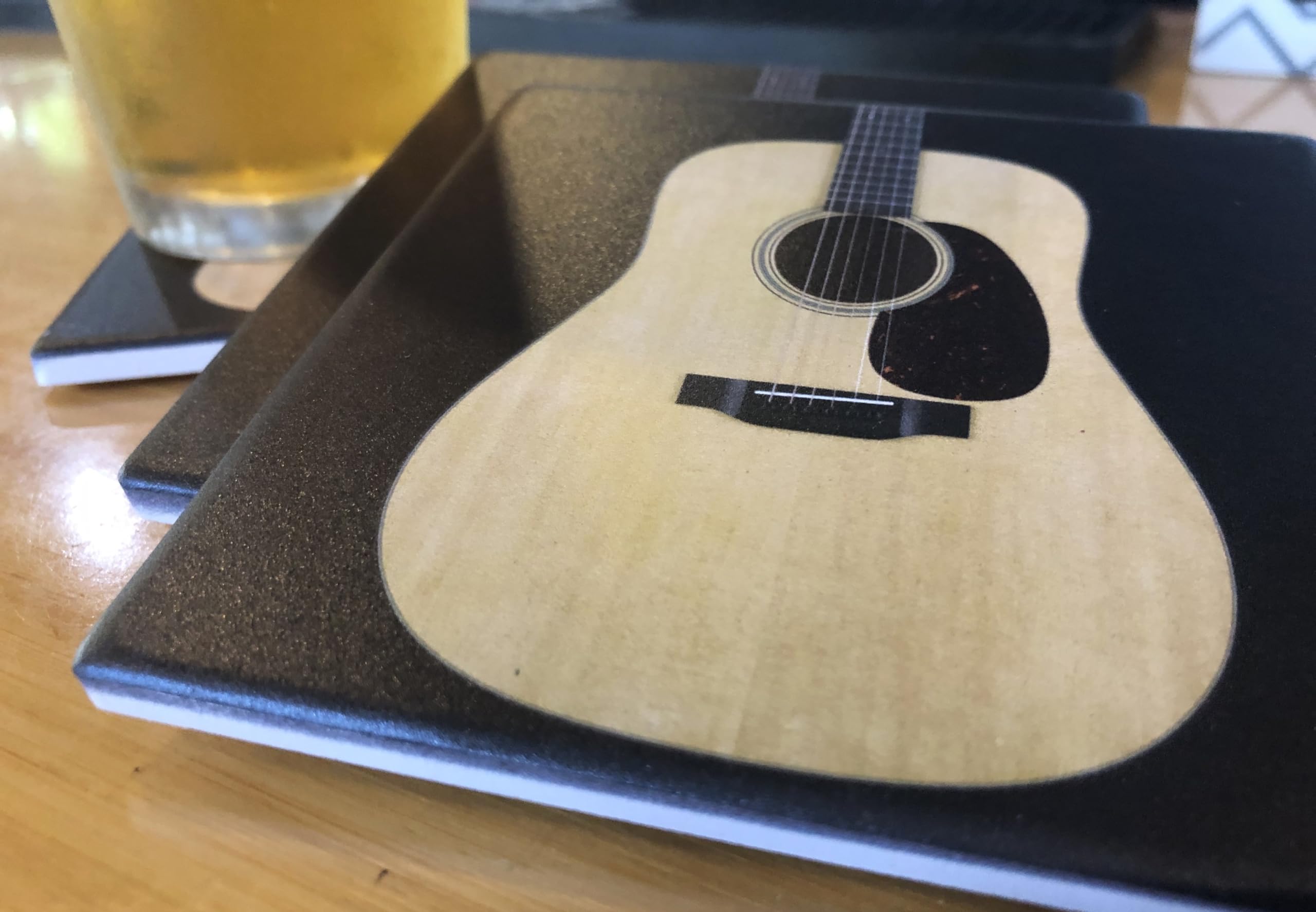 Guitar Ink – Dreadnought Acoustic Guitar Ceramic Drink Coaster Set 4 Pack - Square 4 1/4" Ceramic with Cork Bottom Gift