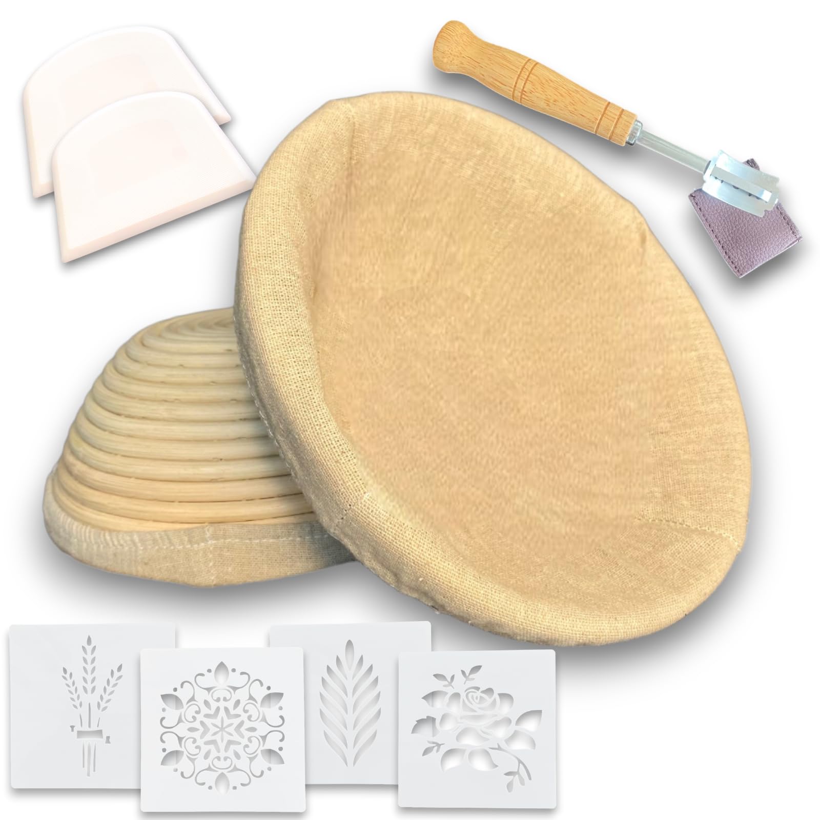 Banneton Bread Proofing Basket Set with Bread Stencils - Sourdough Proofing Baskets for Bread Baking Kit - Sourdough Bread Baking Supplies - Sourdough Proofing Basket Bread Making Kit with Accessories