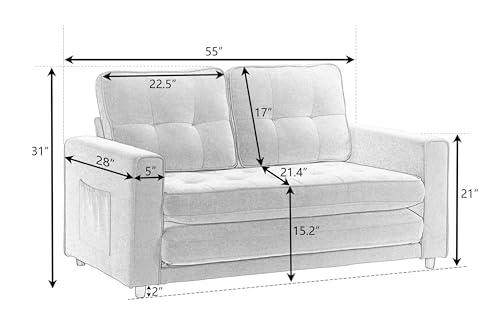 FULife Convertible Loveseat Sofa Futon Couch Sleeper Pullout Chaise Lounge Recliner Chair Reversible Folding Daybed Guest Bed, Beige Velvet Fabric 55”w