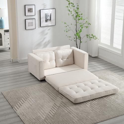 FULife Convertible Loveseat Sofa Futon Couch Sleeper Pullout Chaise Lounge Recliner Chair Reversible Folding Daybed Guest Bed, Beige Velvet Fabric 55”w