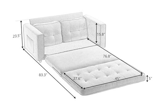 FULife Convertible Loveseat Sofa Futon Couch Sleeper Pullout Chaise Lounge Recliner Chair Reversible Folding Daybed Guest Bed, Beige Velvet Fabric 55”w