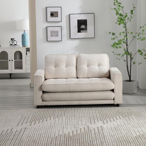 FULife Convertible Loveseat Sofa Futon Couch Sleeper Pullout Chaise Lounge Recliner Chair Reversible Folding Daybed Guest Bed, Beige Velvet Fabric 55”w