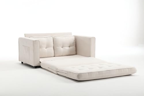 FULife Convertible Loveseat Sofa Futon Couch Sleeper Pullout Chaise Lounge Recliner Chair Reversible Folding Daybed Guest Bed, Beige Velvet Fabric 55”w