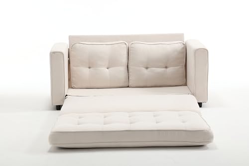 FULife Convertible Loveseat Sofa Futon Couch Sleeper Pullout Chaise Lounge Recliner Chair Reversible Folding Daybed Guest Bed, Beige Velvet Fabric 55”w