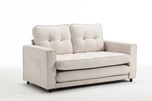 FULife Convertible Loveseat Sofa Futon Couch Sleeper Pullout Chaise Lounge Recliner Chair Reversible Folding Daybed Guest Bed, Beige Velvet Fabric 55”w