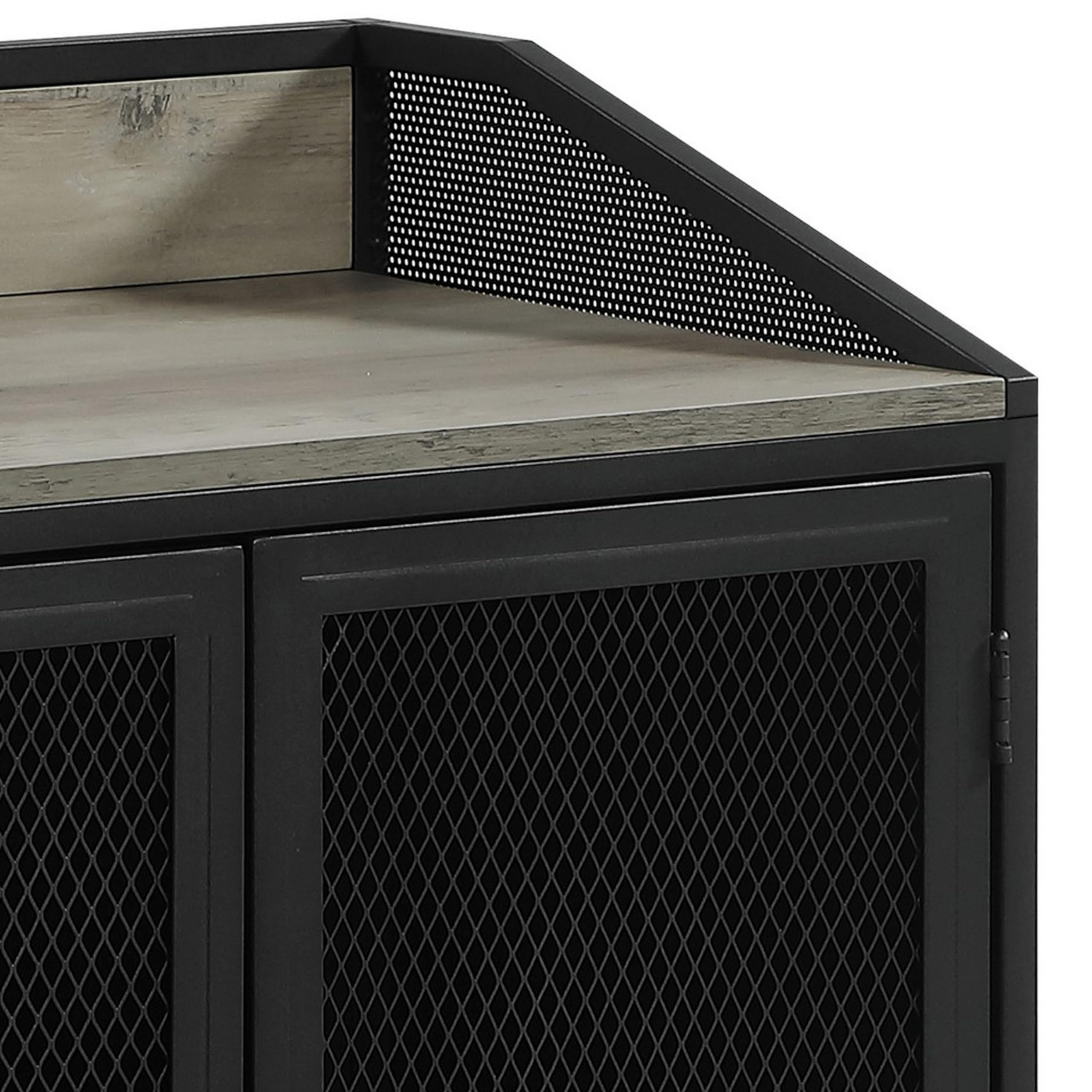 Benjara BM302490 34 in. Wood Grain Bar Cabinet on Wheels with Wire Mesh Doors Black & Brown