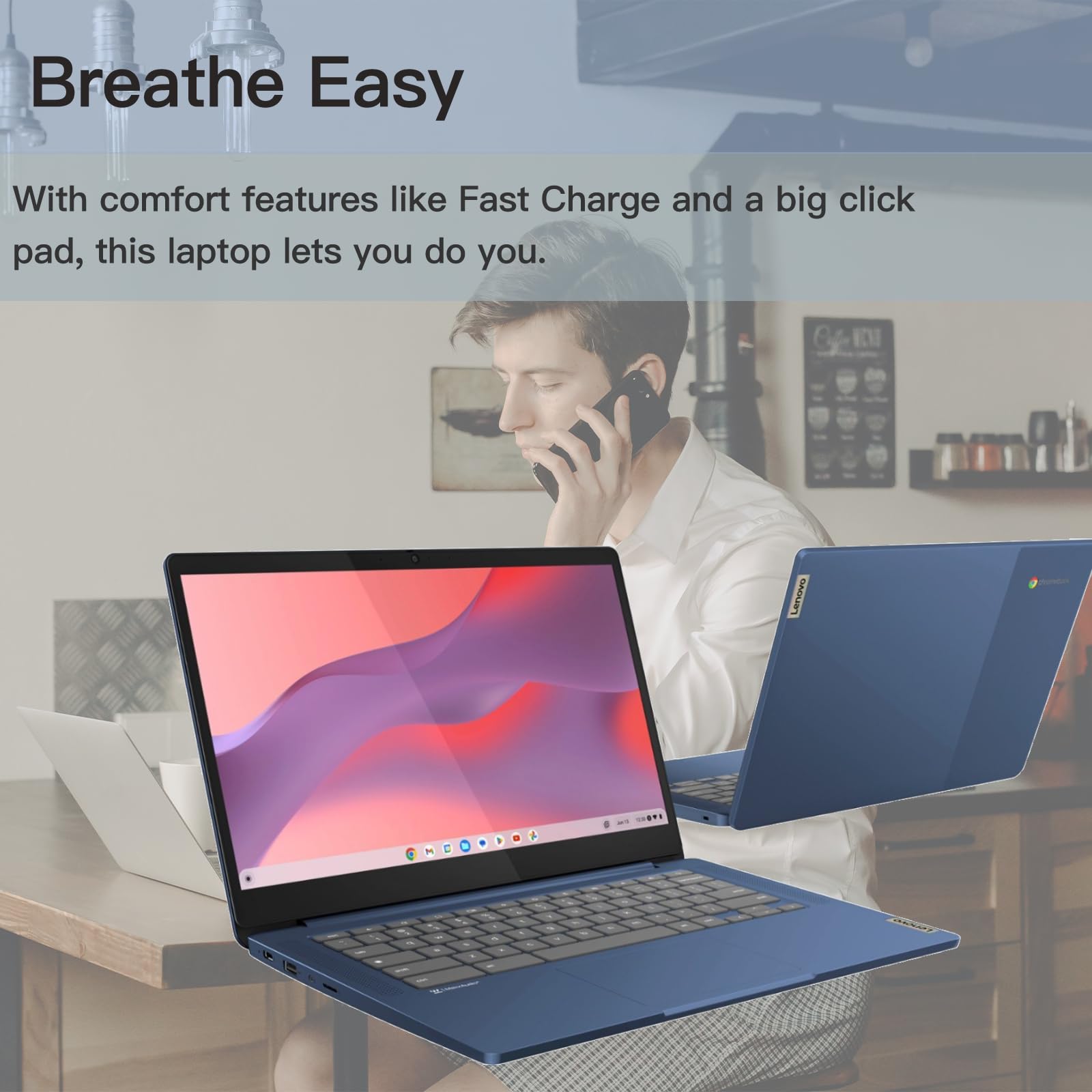 Lenovo Slim 3 Chromebook Laptop for Business Student, 14'' FHD IPS Touchscreen, 8-Core MediaTek Kompanio 520 Processor, 4GB RAM, 64GB eMMC, Wi-Fi 6, Bluetooth, Chrome OS, Abyss Blue
