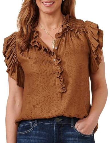 Democracy Womens Double Ruffle Cap Sleeve Half Placket Woven Top Large Toasted Acorn