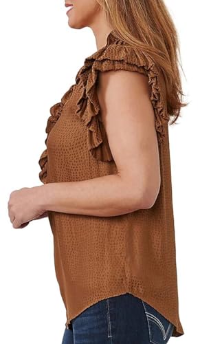 Democracy Womens Double Ruffle Cap Sleeve Half Placket Woven Top Large Toasted Acorn