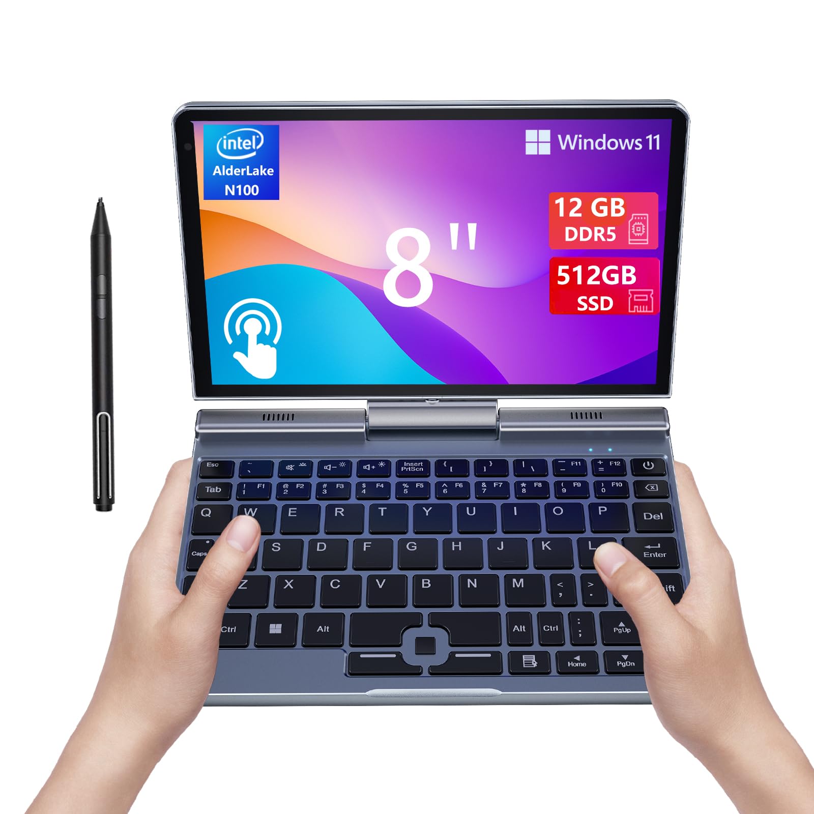 8 Inch Mini Laptop HD Touchscreen Portable 2-in-1 Small Computer, Windows 11 Pro Laptop for Business and Students,Intel N100 12GB LPDDR5 512GB M.2 SSD,Wi-Fi 6,BT5.2,2MP Camera,G-Sensor,HDMI,Type C