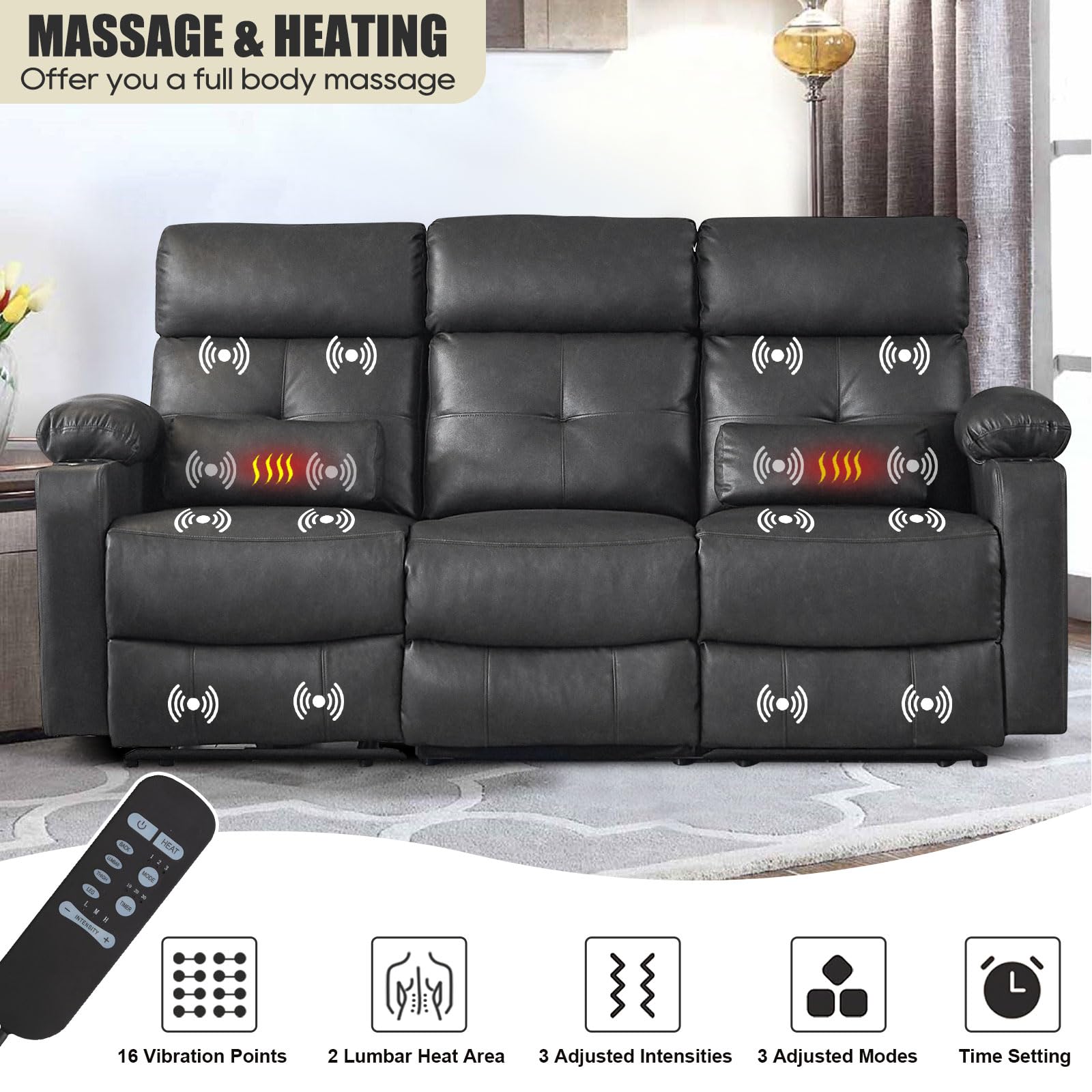 Consofa Power Reclining Sofa with Heat and Massage, Power Reclining Couch with Extended Footrest, Recliner Sofa 3 Seater with USB Ports & Cup Holders for Living Room, Home Theater Seating