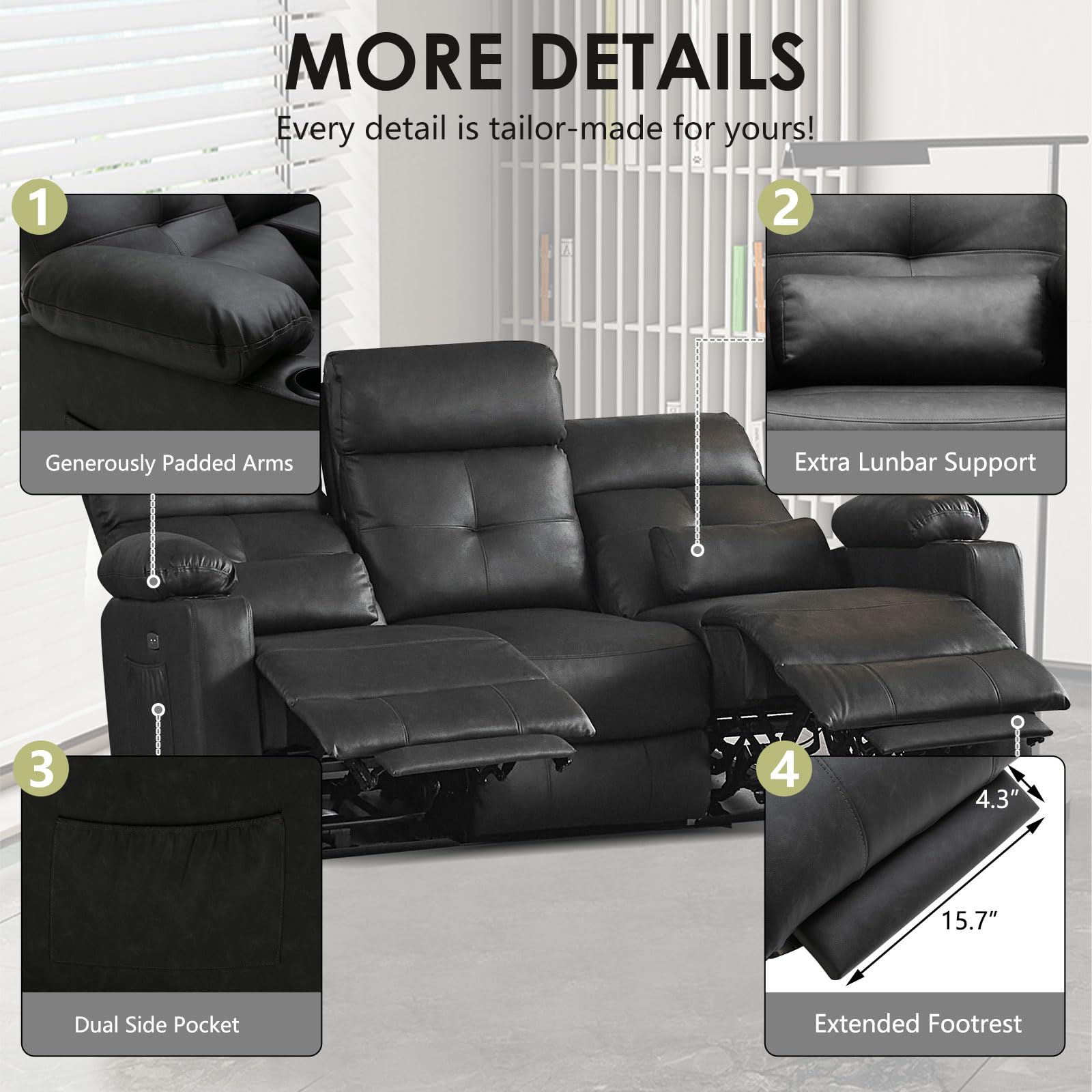Consofa Power Reclining Sofa with Heat and Massage, Power Reclining Couch with Extended Footrest, Recliner Sofa 3 Seater with USB Ports & Cup Holders for Living Room, Home Theater Seating